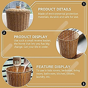 YARNOW Plastic Woven Storage Baskets with Lid, Round Wicker Waste Paper Basket, Wastebasket Garbage Bin with Lid for Bedroom Bathroom Kitchen Home Office (9.2 x 11 Inch, Light Brown)