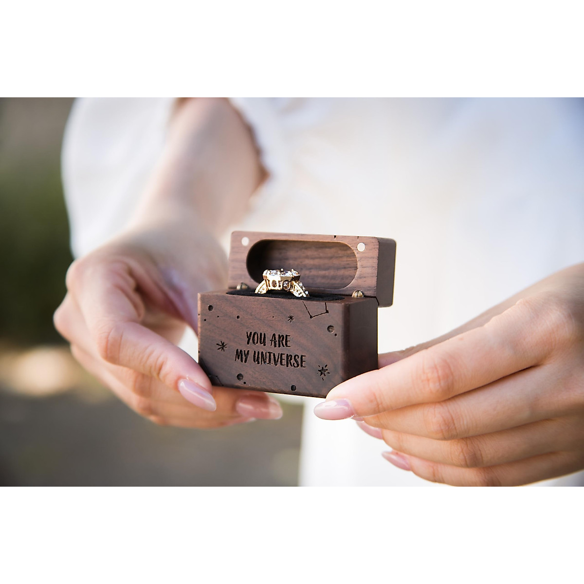 MUUJEE You Are My Universe Engraved Wooden Ring Box, Slim Engagement Proposal Ring Holder, Wedding Ceremony Ring Bearer Box, Fiance Gift Ideas