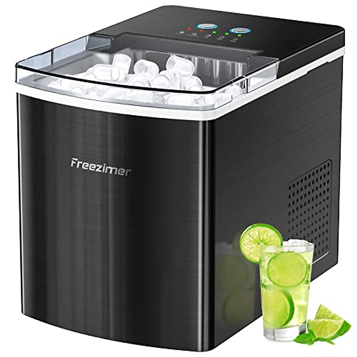Freezimer Ice Maker Machine for Countertop, 33 lbs/24Hrs, 9 Cubes Ready in 6 Mins Self-Cleaning Electric Ice Machine with Basket and Ice Scoop,Black