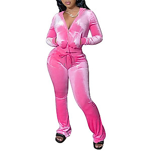 Yeshire Women's 2 Piece Outfits Velvet Sweatsuits Zip-up Hoodie Jacket Casual Jogging Set Tracksuit Set with Pockets Large Pink
