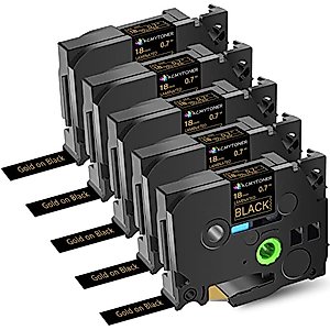 KCMYTONER Label Tape Refills Compatible for Brother P-Touch TZ TZe 344 AZE Laminated Gold on Black Tape 3/4 Inch 0.7" 18mm for PTD400 D450 D600 PTP710BT PTH300LI H500LI PTP700 P750W PT2730, 5 Pack