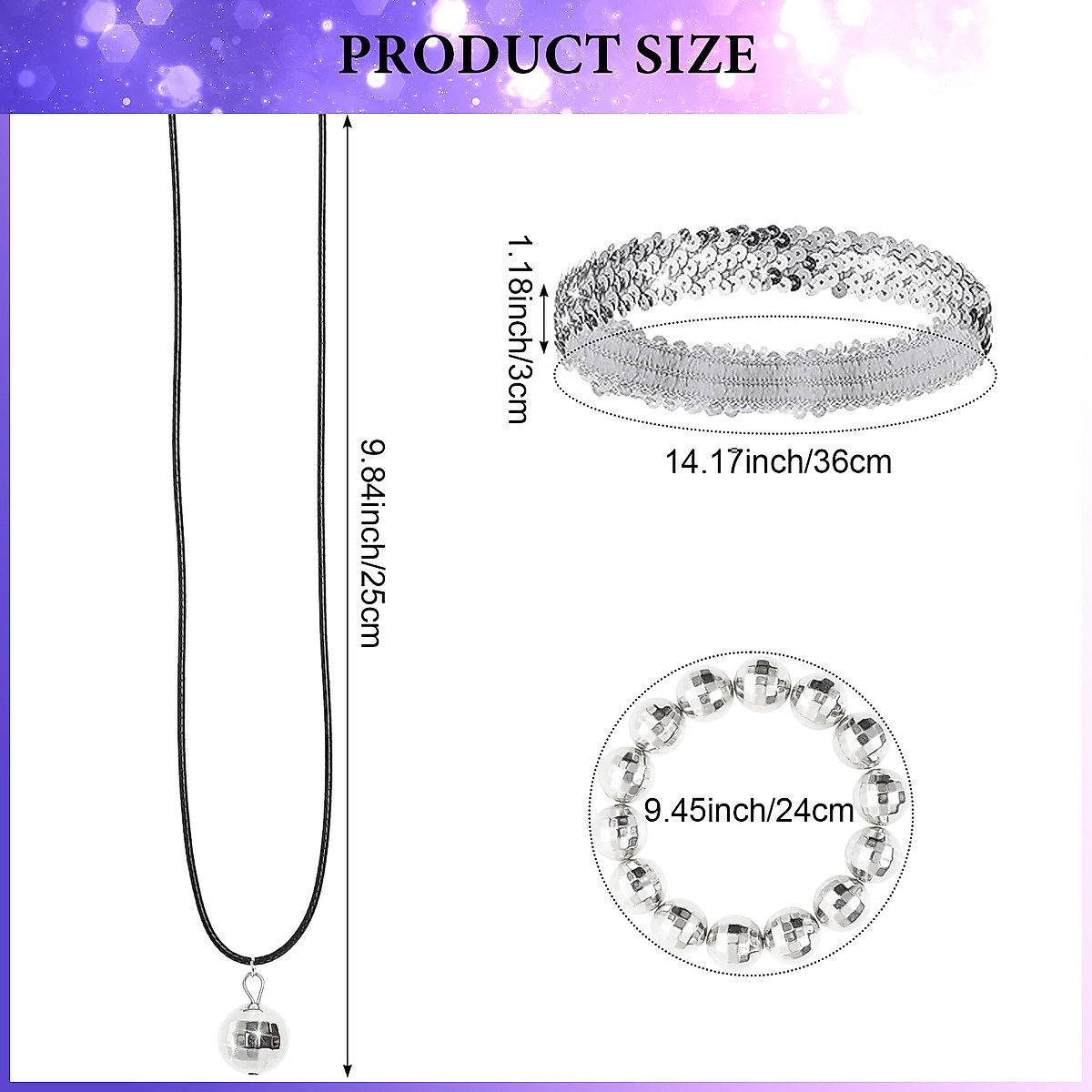 Heliltd 6pcs 1970s Disco Ball Accessories Women Set for Women 70s Disco Ball Necklace Earrings 70s Disco Ball Bracelet Sunglasses Silver