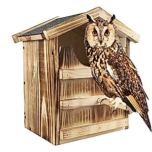 Owl House Hand Made with Bird Stand Design, Owl Nesting Box for Outside Large Handmade Wooden Rectangular Opening Owl Box Bird House with Mounting Screws and A Bag of Wood Shavings, Easy Assembly
