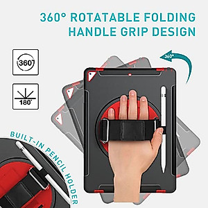 GEEKSDOM iPad Pro 12.9 Case 2nd Generation 2017 & 2015 1st Generation, Heavy Duty Rugged Shockproof Protective Soft TPU Back Cover w/360 Rotating Stand/Handle Hand/Shoulder Strap/Pencil Holder Red