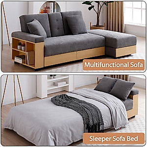 cinkehome 85" Convertible Sleeper Sofa with Adjustable Backrest, Multifunctional Couch Bed for Living Room, Storage Ottoman, Built in Drawer, Bookself and Cup Holders, Comfy Cotton-Linen, Gray