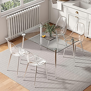 Baysitone Clear Dining Chairs Set of 4, Modern Kitchen Chairs with Transparent Seat, Acrylic Accent Side Chairs with Metal Legs for Dining Room, Kitchen, Living Room with Silver