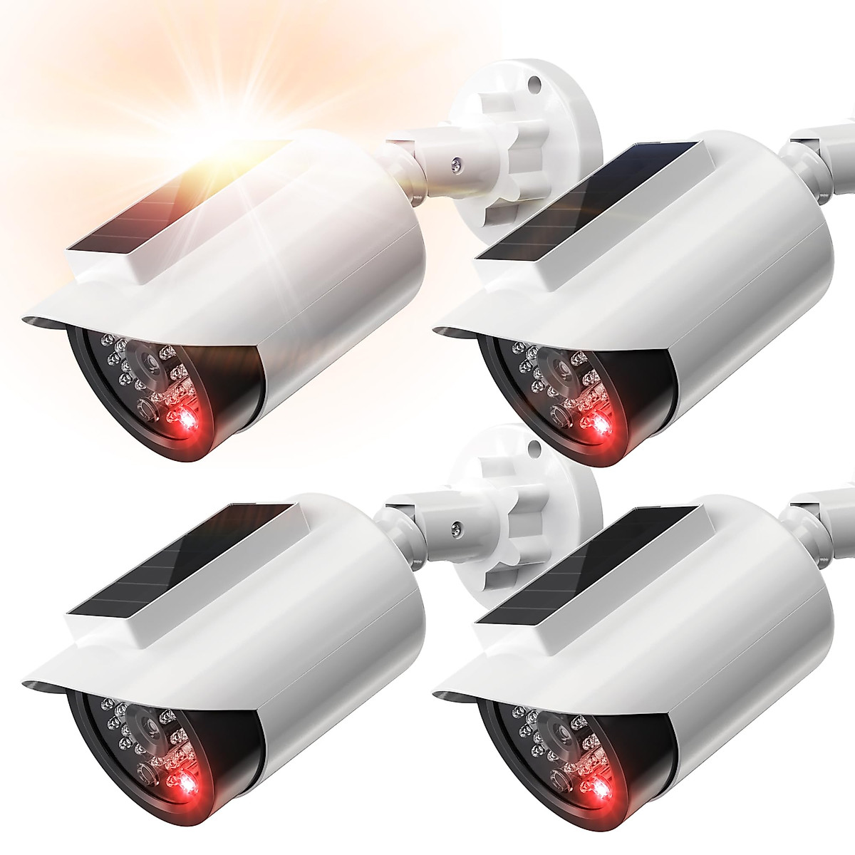 BNT Solar Powered Fake Security Camera, Bullet Shape Fake Surveillance Camera with Red LED Light for Night, Security Warning Sticker, for Outdoor Safety Alert (White 4Pack,Battery not Included)