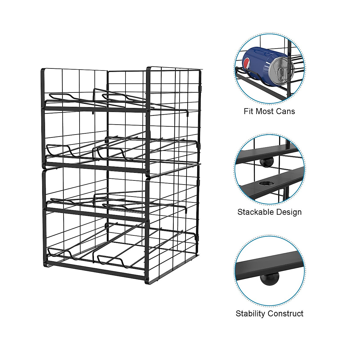 Stackable Soda Can Rack Organizer 4 Tier Beverage Can Dispenser Cola Rack Storage Holder for Pantry Kitchen Cabinets Countertop, Holds 40 12oz Soda Cans or Canned Food, Black
