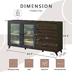 worldchoice Sideboard Buffet Cabinet 63" Wine Bar Cabinet with 4 Drawers & 2 Tempered Glass Doors Coffee Bar Cabinet Console Cabinet with Adjustable Shelf for Living Room Dining Room Kitchen, Grey