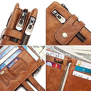 boshiho Real Leather RFID Blocking Bifold Wallets for Men Double Zipper Coin Pocket Purse with Anti-Theft Chain (Khaki)