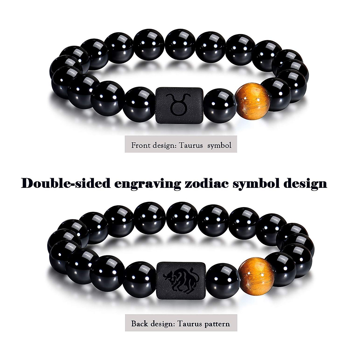VLINRAS Zodiac Taurus Bracelet for Men Women Taurus Gifts Natural Black Onyx Stone Zodiac Charm Bracelet Constellation Horoscope Jewelry