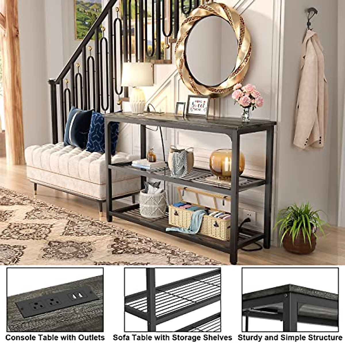 Ecoprsio Console Table with Outlets, Sofa Table with Double Mesh Shelves, Industrial Entryway Table Foyer Table for Entryway, Front Hall, Hallway, Sofa, Couch, Living Room, Coffee Bar, Kitchen, Grey