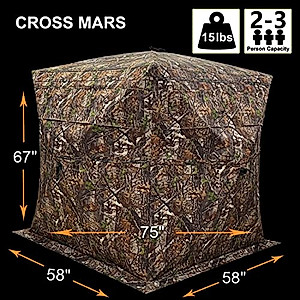 CROSS MARS Portable 2-3 Person 270 Degree See Through Hunting Blind Ground Camouflage Pop Up Turkey Deer Blinds Tent with 2 Stools