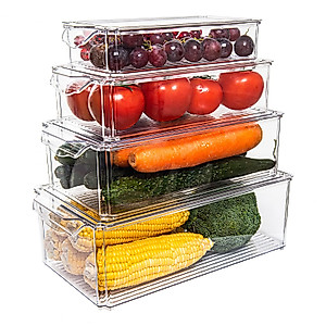 Pomeat 4 Pcs Fridge Organizers, Stackable Refrigerator Organizer Bins with Lids, Plastic Storage Bins, BPA-Free Fridge Organizers and Storage Clear for Food, Drinks, Fruits, Vegetable