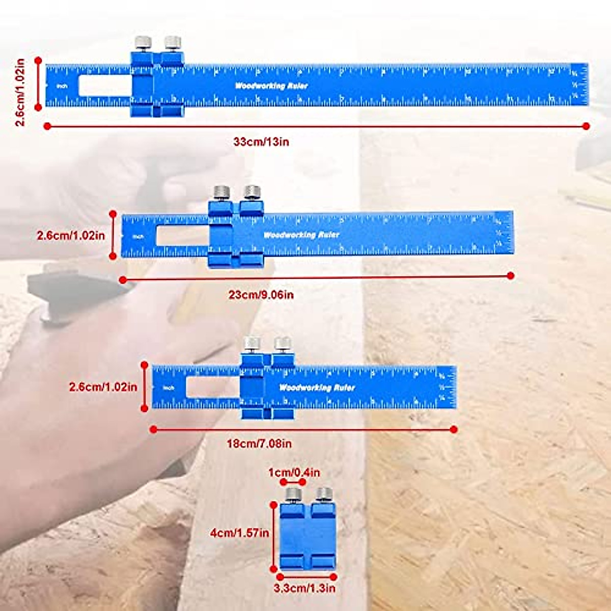 TOURACE Aluminum Woodworking Rulers with Slide Stop (3 Pcs) Precision Pocket Ruler Metal T Track Ruler, Square Ruler Inch and Metric Marking Measuring Scribing Ruler