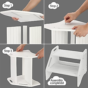 AMBIRD Wooden Two Step Stools Toddler with Safety Non-Slip Pads and Handles, Bamboo Step Stool for Bathroom, Bedroom, Kitchen Dual Height Step Stools for Kids (White)