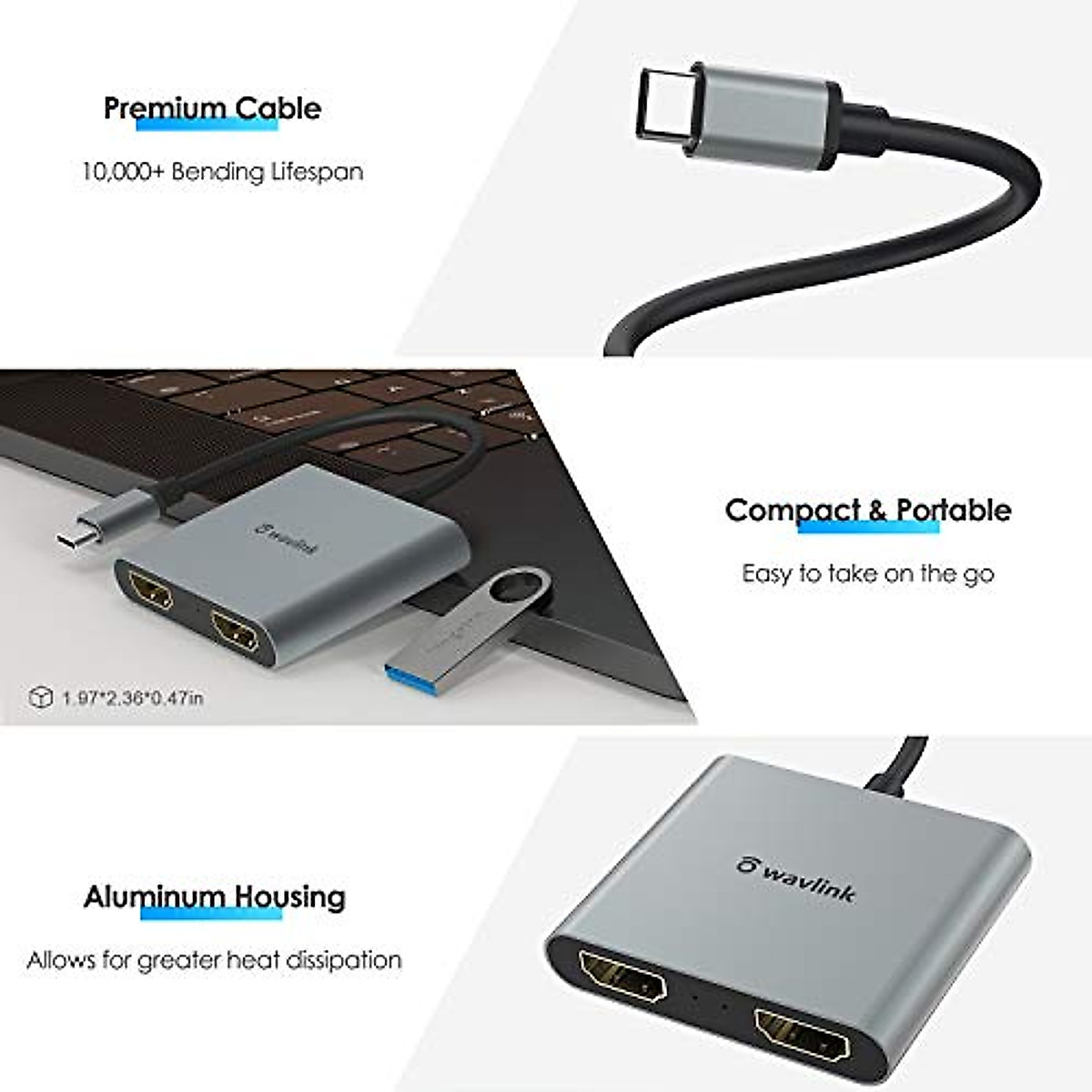 WAVLINK USB C to Dual HDMI Adapter 4K@60Hz, Thunderbolt 3/4 Compatible, Type C to HDMI Multi Monitor Converter for MacBook Pro/Air,Dell XPS 13/15,HP,Lenovo Yoga,etc(DP Alternate Mode Required)