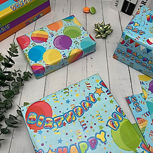 Dtiafu Birthday Wrapping Paper for Boys Girls Kids - Blue Glitter Gift Wrap with Happy Birthday Rainbow Balloons Hats - 20inch x 28inch Per Sheet(8 Sheets Folded Flat)