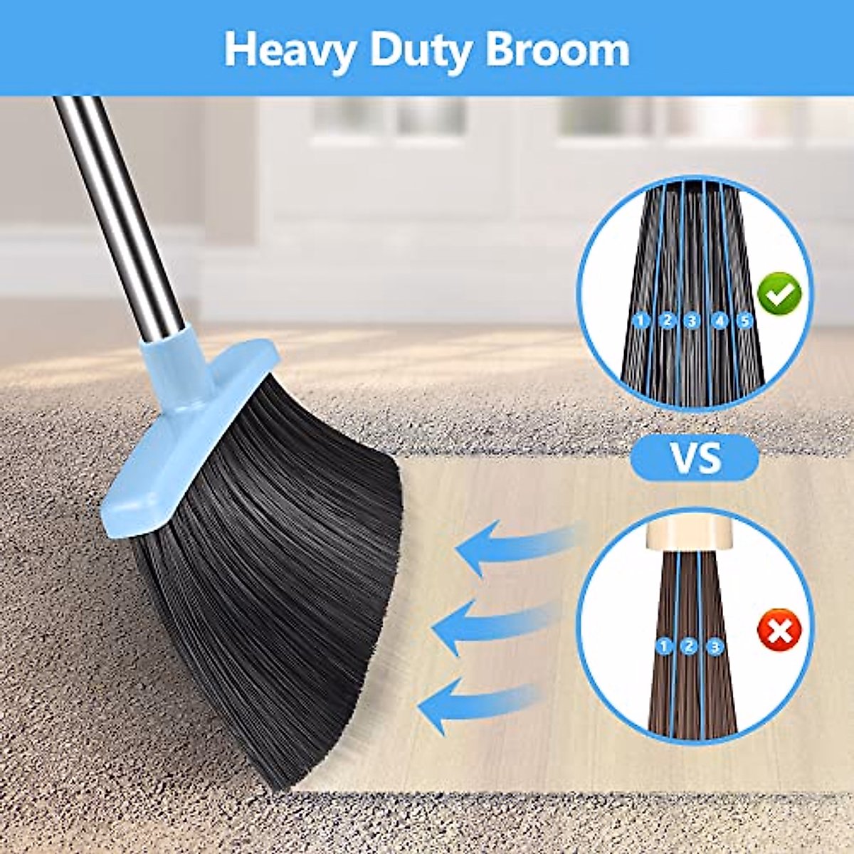 Folews Broom and Dustpan Set Heavy Duty, 55 Inch Long Handle Broom and Dust Pan Commercial Large Broom with Dustpan Combo Set Upright Dustpan Broom for Lobby Home Kitchen Outdoor Indoor - Blue