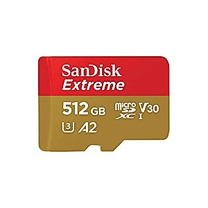 SanDisk 512GB Extreme microSDXC UHS-I Memory Card with Adapter - Up to 190MB/s, C10, U3, V30, 4K, 5K, A2, Micro SD Card - SDSQXAV-512G-GN6MA