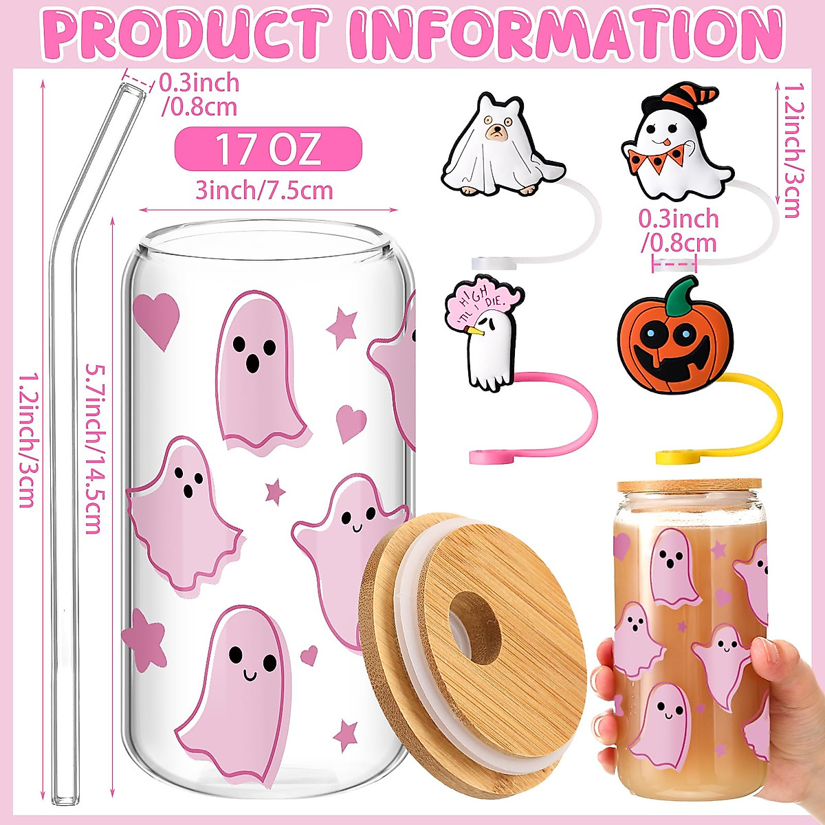 Yetene 17 oz Pink Ghost Halloween Cup 4 Pcs Straw Cover Ghosts Glass with Bamboo Lid Glass Straw Cute Spooky Iced Coffee Cup Smoothie Can Cup Halloween Gifts for Women Teens