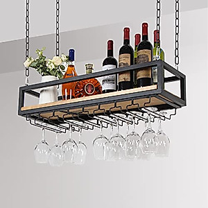 RZGY Hanging Wine Rack with Glass Holder and Shelf, Ceiling Mounted Wine Rack Adjustable Industrial Hanging Wine Bottle Holder, 39in Metal Iron Wine Shelf Black