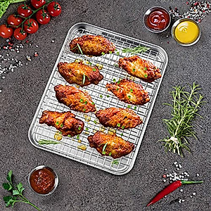 10.4 Inch Toaster Oven Pan with Rack Set, P&P CHEF Stainless Steel Small Baking Pan Tray and Grid Cooling Rack for Cooking/Roasting, A Pan and A Rack, Dishwasher Safe & Easy to Clean & Non-toxic