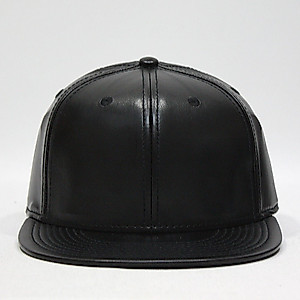 Premium Plain Wool Blend Leather Flat Bill Adjustable Snapback Hats Baseball Caps (Leather Black)