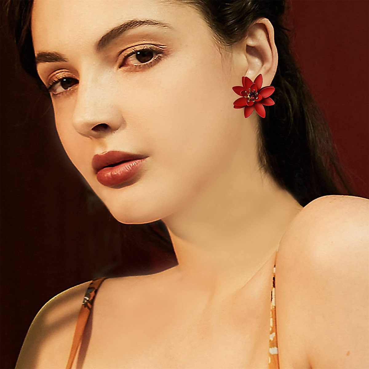 Chic Cute Boho Matte Flower Statement Stud Earrings with Gold Flower Bud for Women Sister Mom Lover and Friends (Red 13)