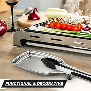 E-far Spoon Rest for Stove Top, 2-Piece Stainless Steel Spoon Holder for Kitchen Counter, Spatula Ladle Utensils Rest, Heavy Duty & Large Size, Dishwasher Safe(8.5 x 4.3 Inch)