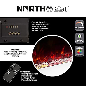 36-Inch Wall Mounted Electric Fireplace - 10-Color LED Flame and 3 Media Backgrounds with Adjustable Brightness and Remote by Northwest (White)