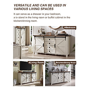 T4TREAM Farmhouse Sideboard Buffet Cabinet with Storage, 60" Large Kitchen Cabinet w/Sliding Barn Doors and 4 Drawers, 31.2'' Tall Wood Coffee Bar Table for Dining Room, Antique White