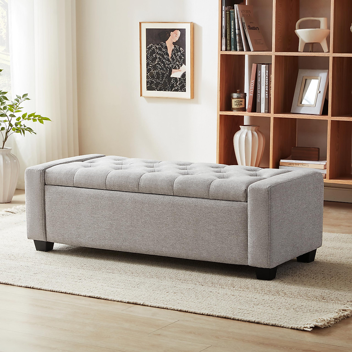Huatean Home Ottoman with Storage, Storage Ottoman Bench with Safety Hinge, Upholstered Storage Bench with Seating for Bedroom, Living Room, Holds up to 330 lb(Light Gray)