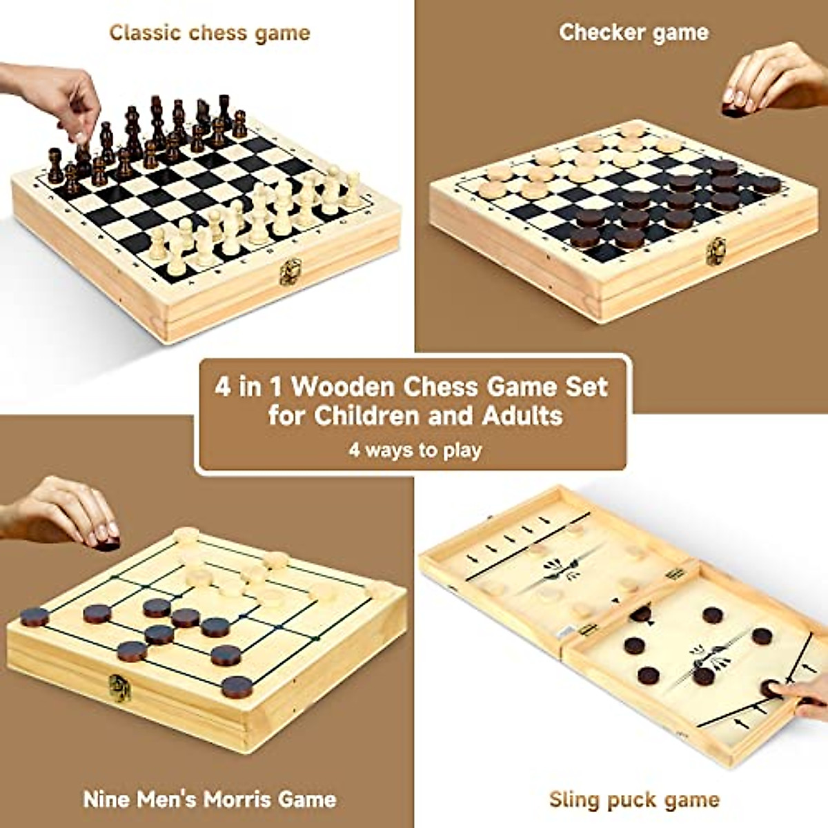 BremToy 4 in 1 Chess Sets-Wooden Chess & Checkers Set, Sling Puck and Nine Men's Morris Board Games for Kids Adult, Foldable & Portable Chess Board Set for Travel (12x12inch)