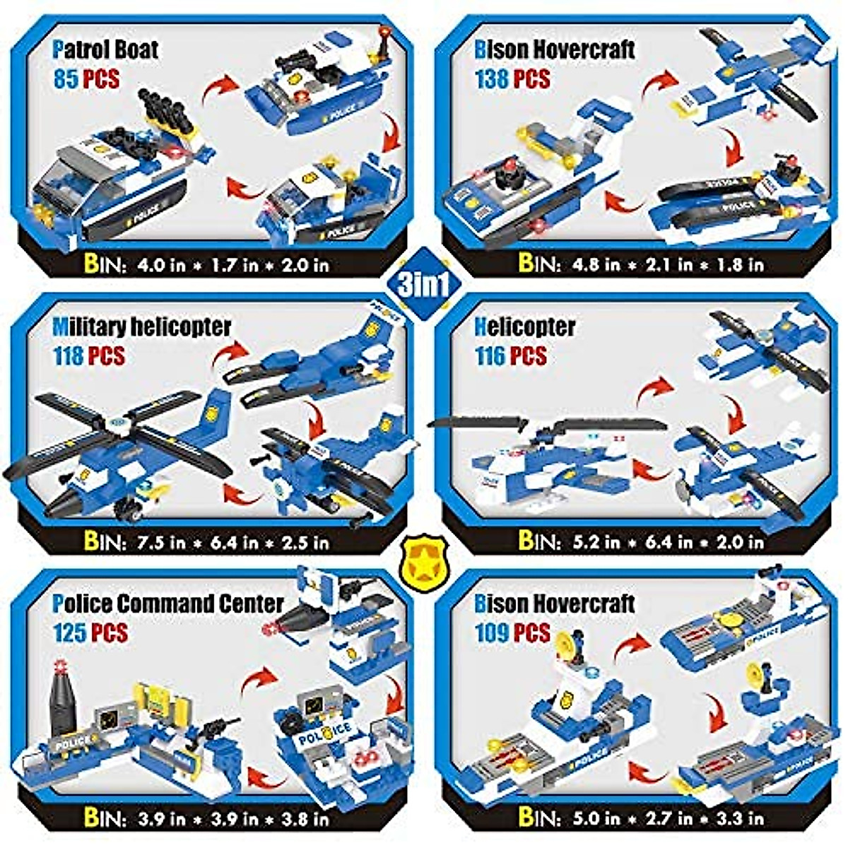 1648 Pieces City Police Heavy Helicopter Building Blocks Set with Storage Box, Police Helicopter, Police Airplane, Patrol Boat, Hovercraft, Creative Roleplay Building Toys for Boys Girls 6-12 Years