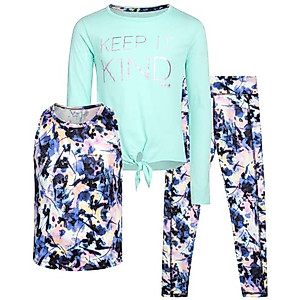 RBX Girls' Active Pants Set - 3 Piece Long Sleeve Graphic T-Shirt, Printed Tank Top, and Leggings for Girls (Sizes: 7-16), Size 10-12, Minty Green