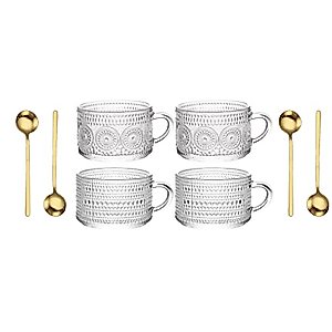 Vintage Glass Coffee Mugs 14 Oz Set of 4 Embossed Glass Cups for Tea, Coffee Mugs for Cappuccino, Latte, Cereal, Yogurt, Hot/Cold Holiday gift and Housewarming, Great Gift