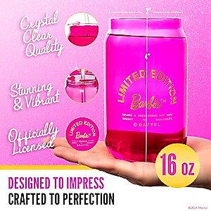 Dragon Glassware x Barbie Drinking Glasses - Pink and Magenta - 16 oz Can Shaped Glass Cups with Lids and Straws Set of 4 - Iced Coffee Cups with Lids - Glass Tumbler with Straw and Lid