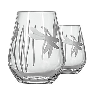 Rolf Glass Dragonfly Stemless Wine Glass 18oz - Tumbler Wine Glasses Set of 2 – Made in the USA - Etched Stemless Wine Glasses -(Set of 2)