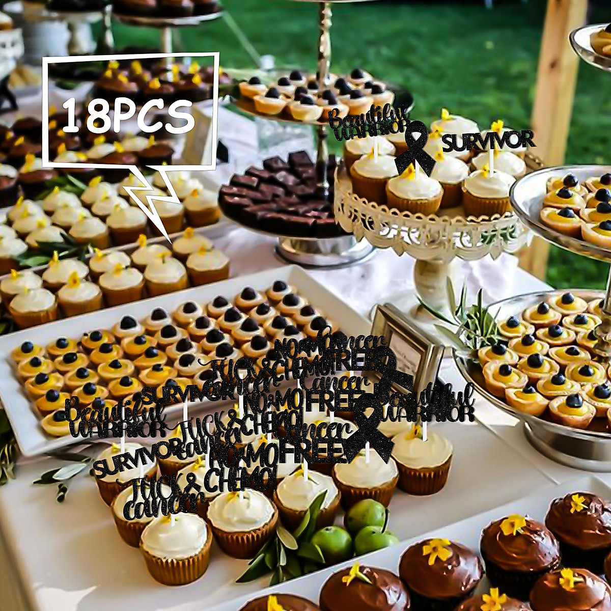 18pcs Black Glitter Dessert Cupcake Topper Cancer Chemo Free Survivor Warrior Theme Decor Supplies Breast Cancer Breast Care Awareness Birthday Party Decoration