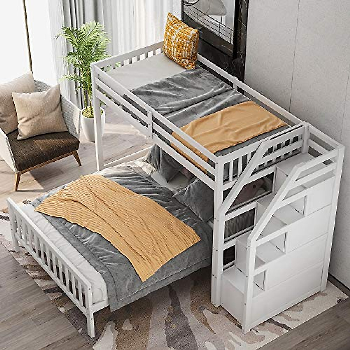 Harper & Bright Designs Twin Over Full Loft Beds, Bunk Beds Twin Over Full with Stairway and Storage, Full-Length Guardrail, No Box Spring Needed (White Twin Over Full Bun Beds)