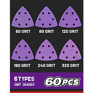 EZARC 60 PCS Zirconia Triangle Sanding Pads, 3-3/4 Inch Hook & Loop 60/80/120/180/ 240/320 Grit Multitool Sandpaper, Fits 3-1/2" and 3-3/4" Oscillating Tool Sanding Pad for Polish Sanding