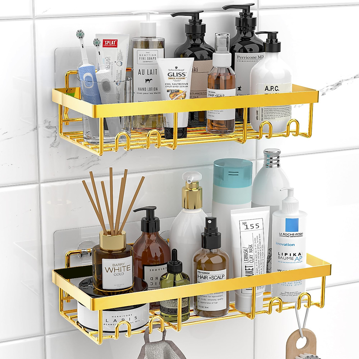 Moforoco Shower Caddy Shelf Organizer Rack, Self Adhesive Black Bathroom Shelves Basket, Home Farmhouse Wall Inside Organization and Storage Decor Rv Accessories, First Camper Apartment Essentials