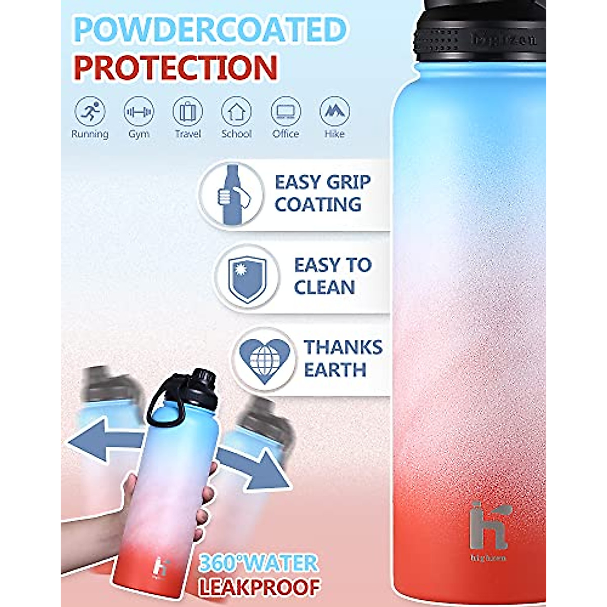 HAPHOM Insulated Water Bottle 37oz Sport Water Bottle 18/8 Stainless Steel BPA Free Sweat Proof and Hinge Lock Lid Anti-Rust Suitable for All People and Anywh