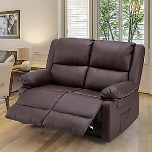 YODOLLA Recliner Loveseat with Heat and Massage Function, Wall-Hugger Reclining Sofa 2-Seater Modern Manual Control Faux Leather RV Couch, Theater Lounge Seat with Side Pockets, Brown