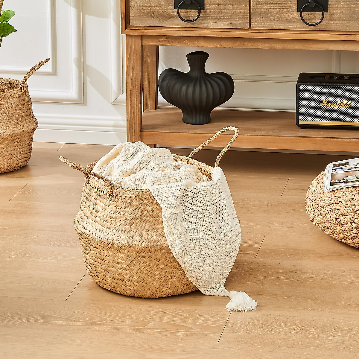 VILSSOVY Seagrass Plant Basket, Wicker Woven Laundry Basket, Basket Planter for Plants Indoor, Large Wicker Plant Baskets, Seagrass Baskets for Plants(13.78" Diameter x 12.6" Height)