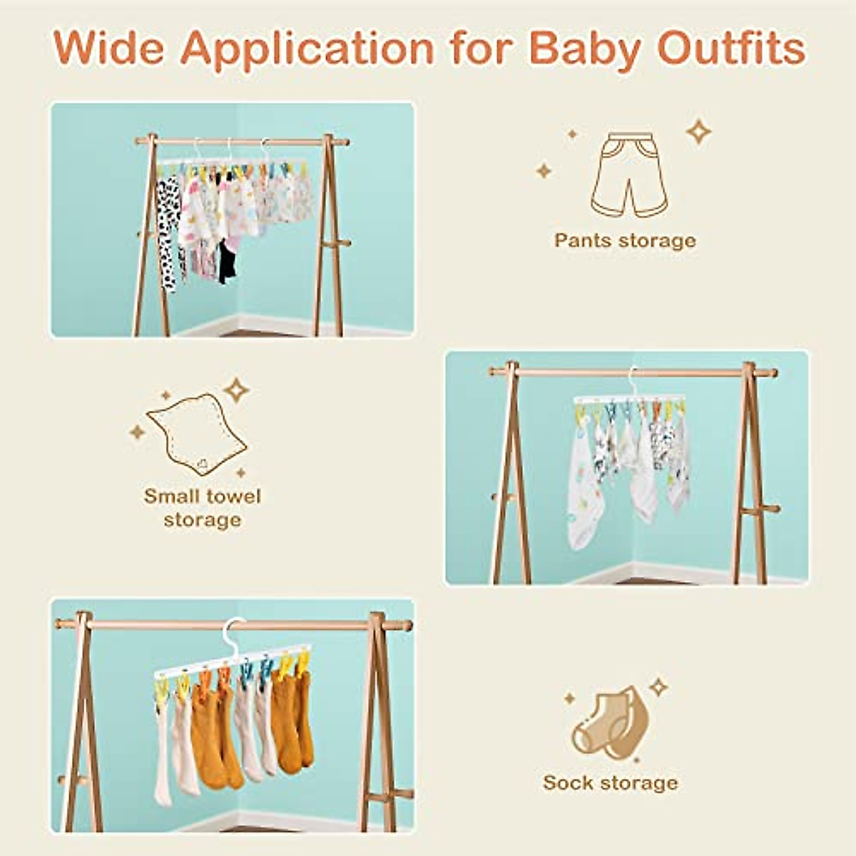 Baby Clothes Organizer Hangers with Clips, 360° Rotating Kids Pants Hangers, Space Saving, Vimiv Non-Slip Racks for Newborn Children Infant Toddler Towel Bib Sock Hangers w/16 Clips, 2 Pack Bulk