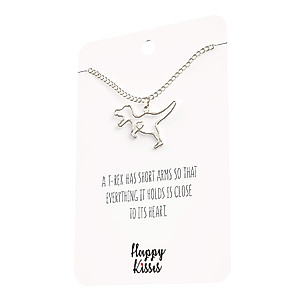Happy Kisses Dinosaur T-Rex Necklace - Cute Pendant Gift - Sweet and Funny Message Card (Silver)