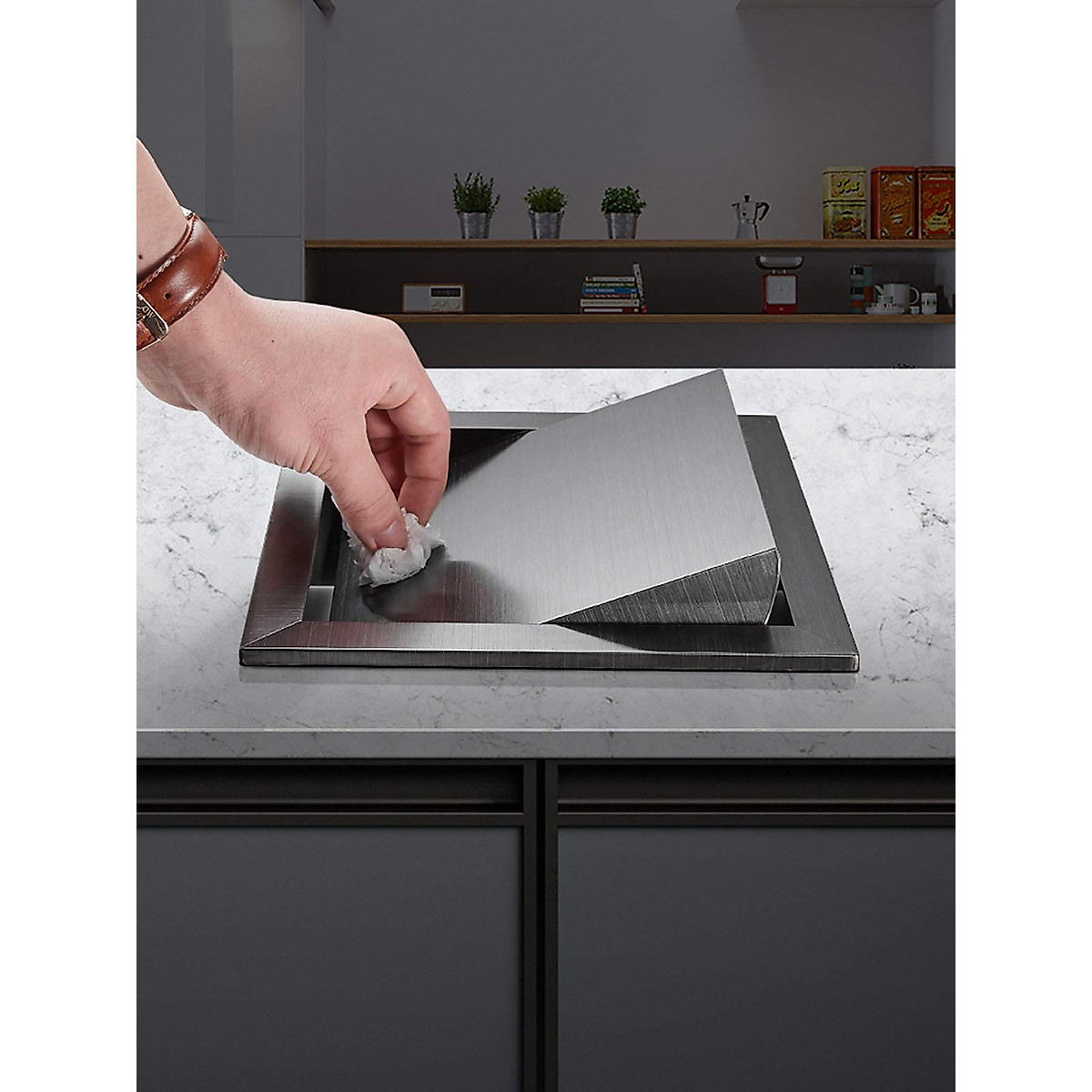 Square Trash and Waste Chute Lid Built-in Countertop- 304 Stainless Steel Balance Flap Cover, Brushed Surface Trash Grommet Swing Trash Can Lid