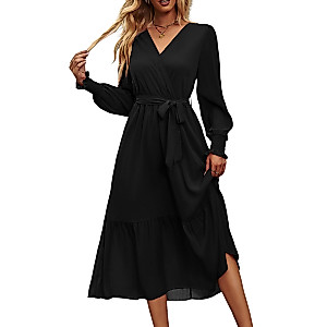 PRETTYGARDEN Women's Floral Print Boho Dress Long Sleeve Wrap V Neck Ruffle Belted A-Line Flowy Maxi Dresses (Solid Black,Large)